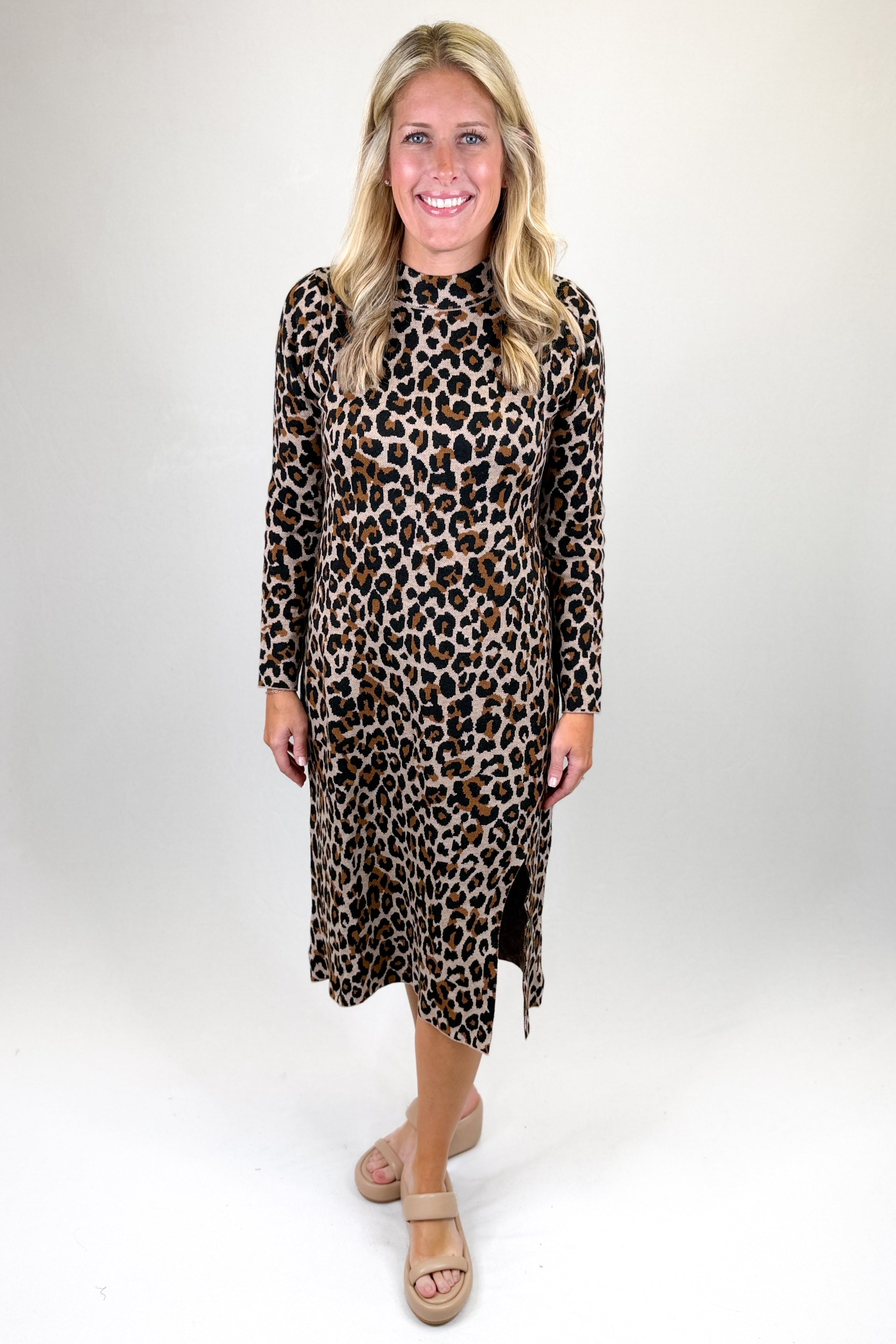 LEOPARD MOCK NECK SIDE SLIT MIDI DRESS – Walker Boutique